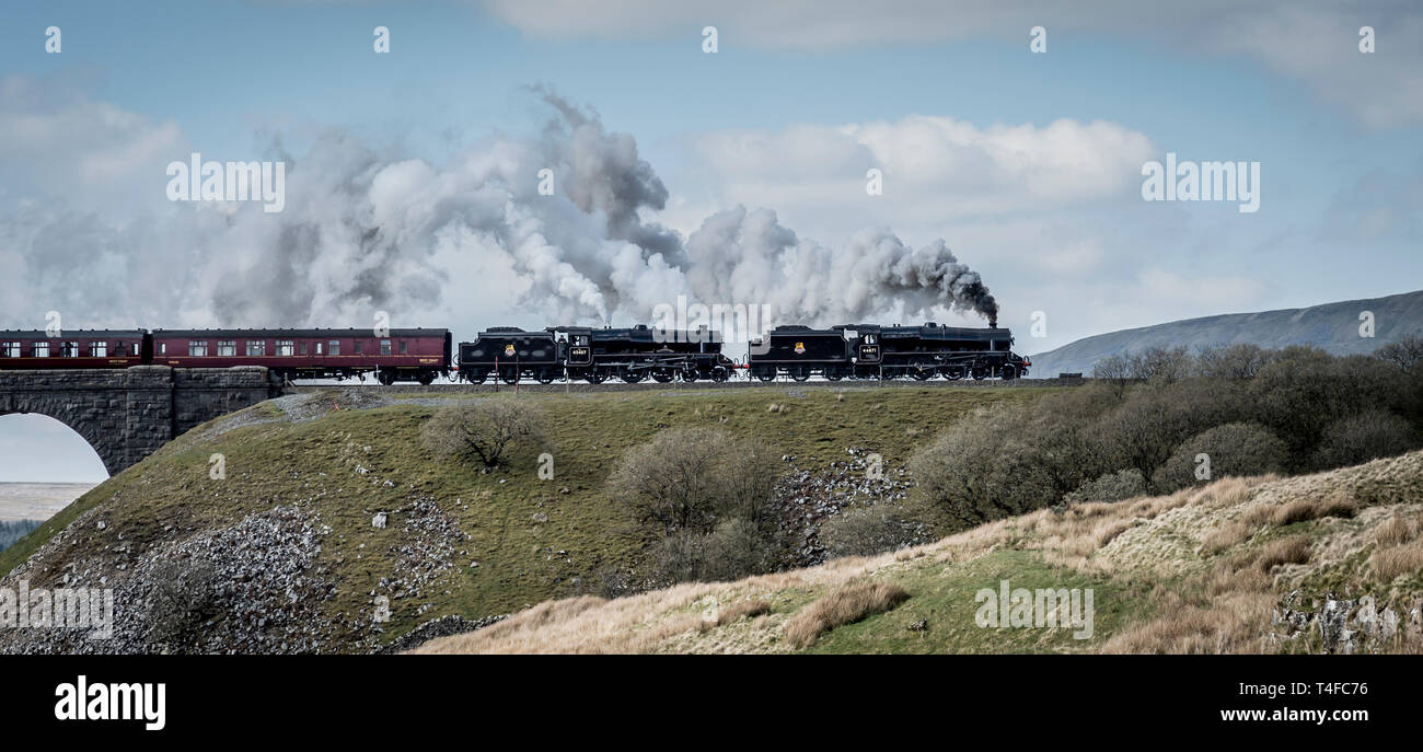 Double header steam train [44871+45407] crossing the iconic Ribblehead ...