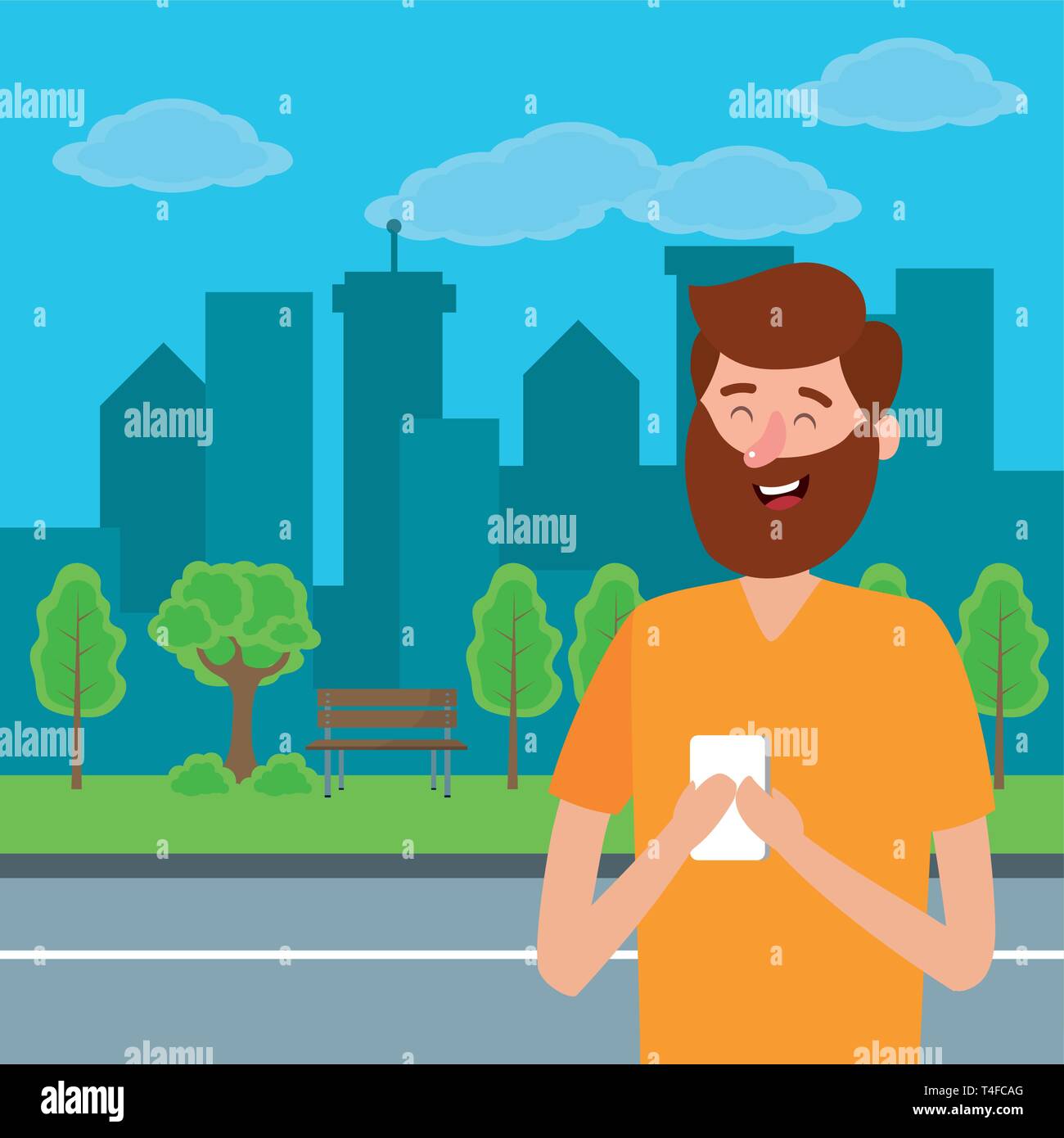 young upperbody man using smartphone device at city park cartoon vector ...
