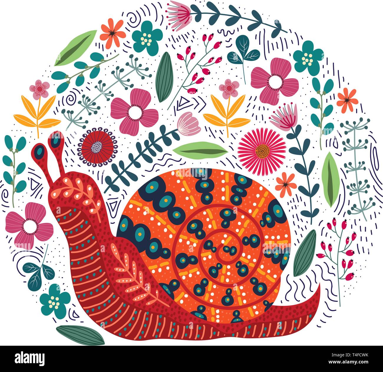 Vector cute illustration of folk snail and flowers on a white ...