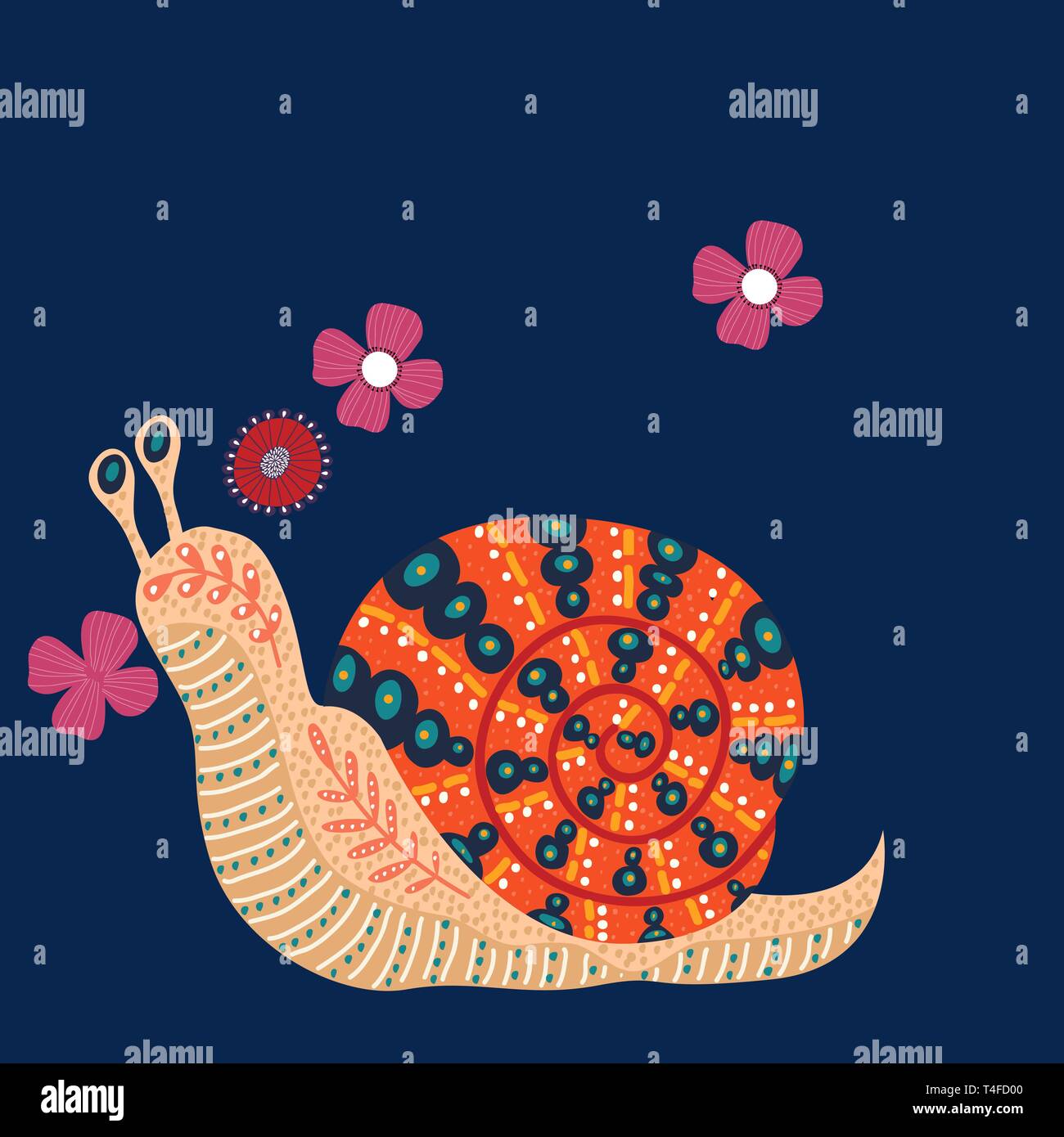 Vector cute illustration of folk snail and flowers on a dark background ...