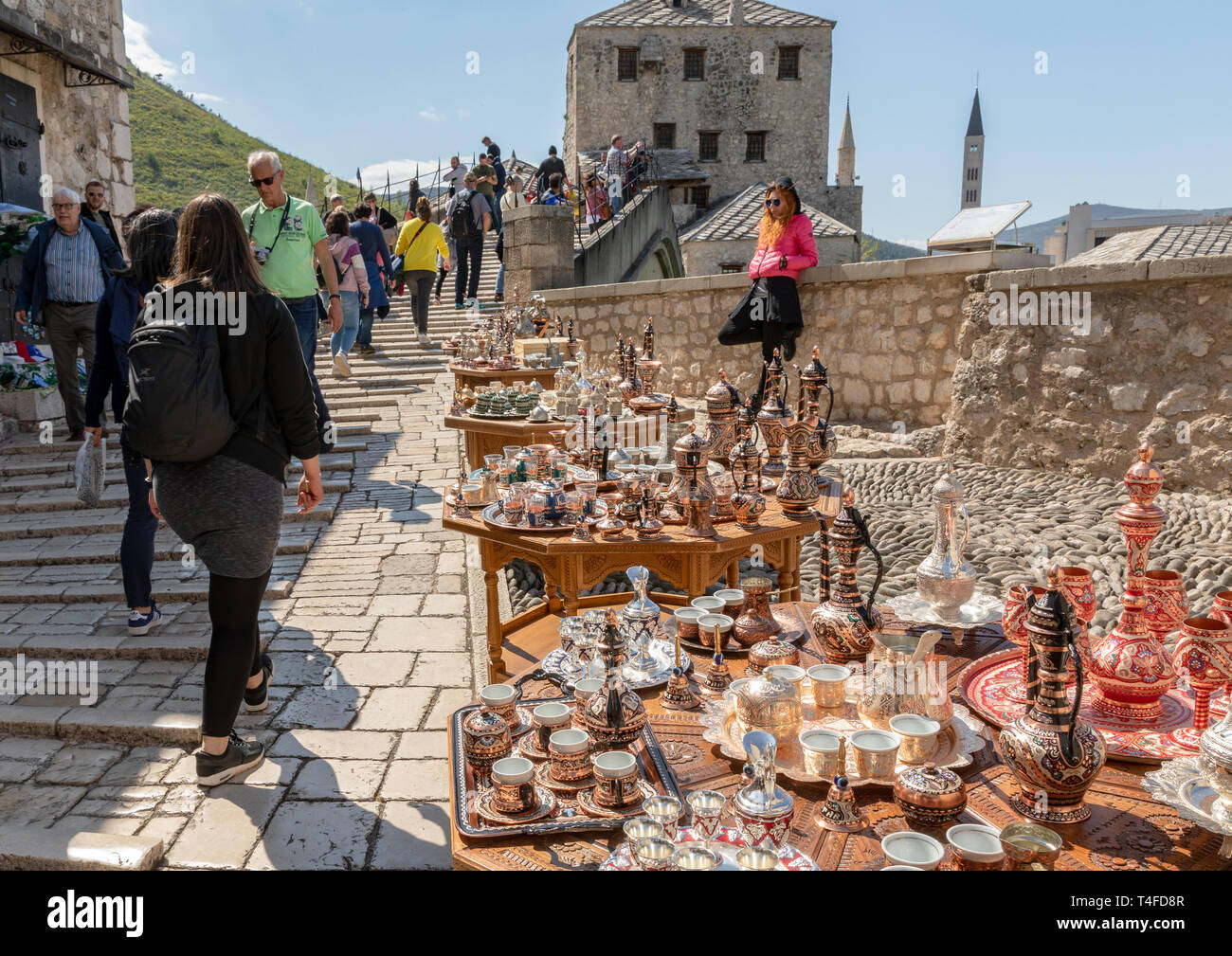 Mostar, Bosnia and Herzegovina - April, 2019: Mostar old town. Tourists ...