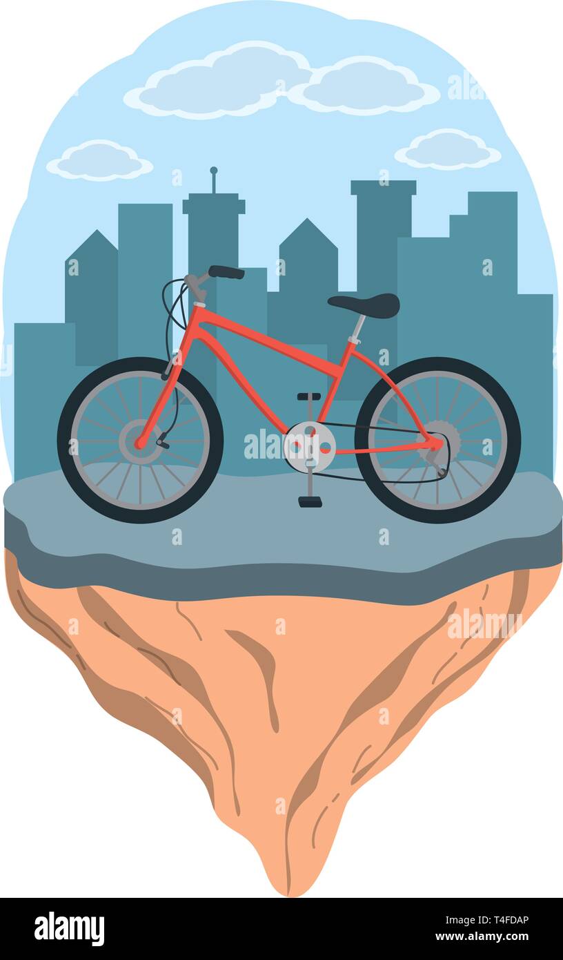 transportation concept mountain bike in front city landscape cartoon ...