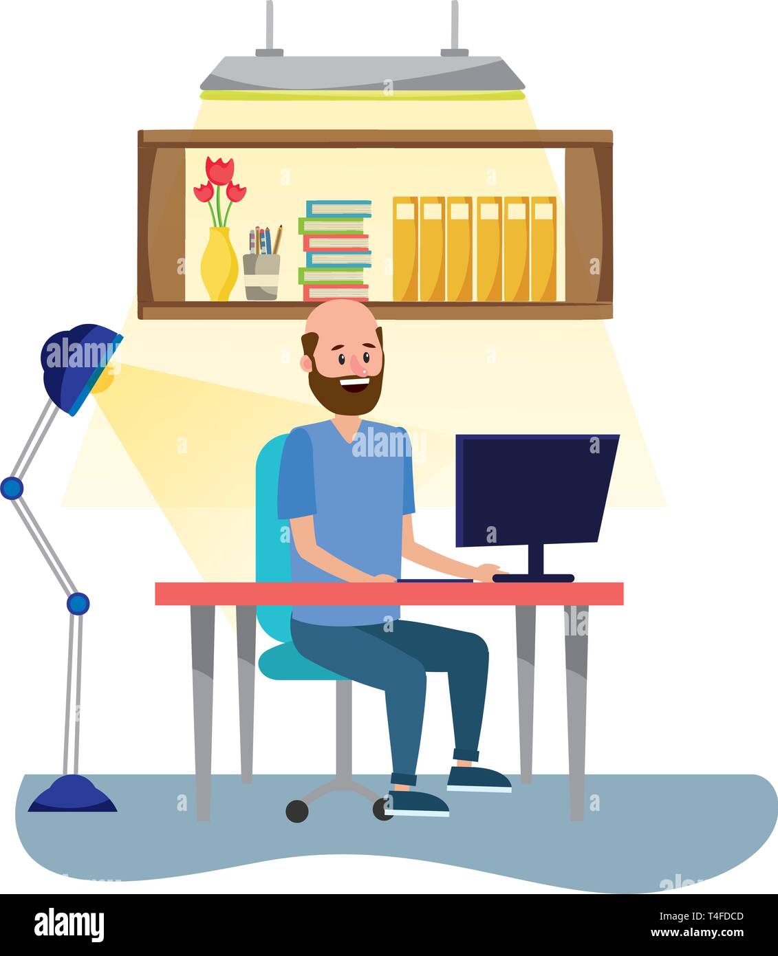 online education man with desk computer cartoon vector illustration ...