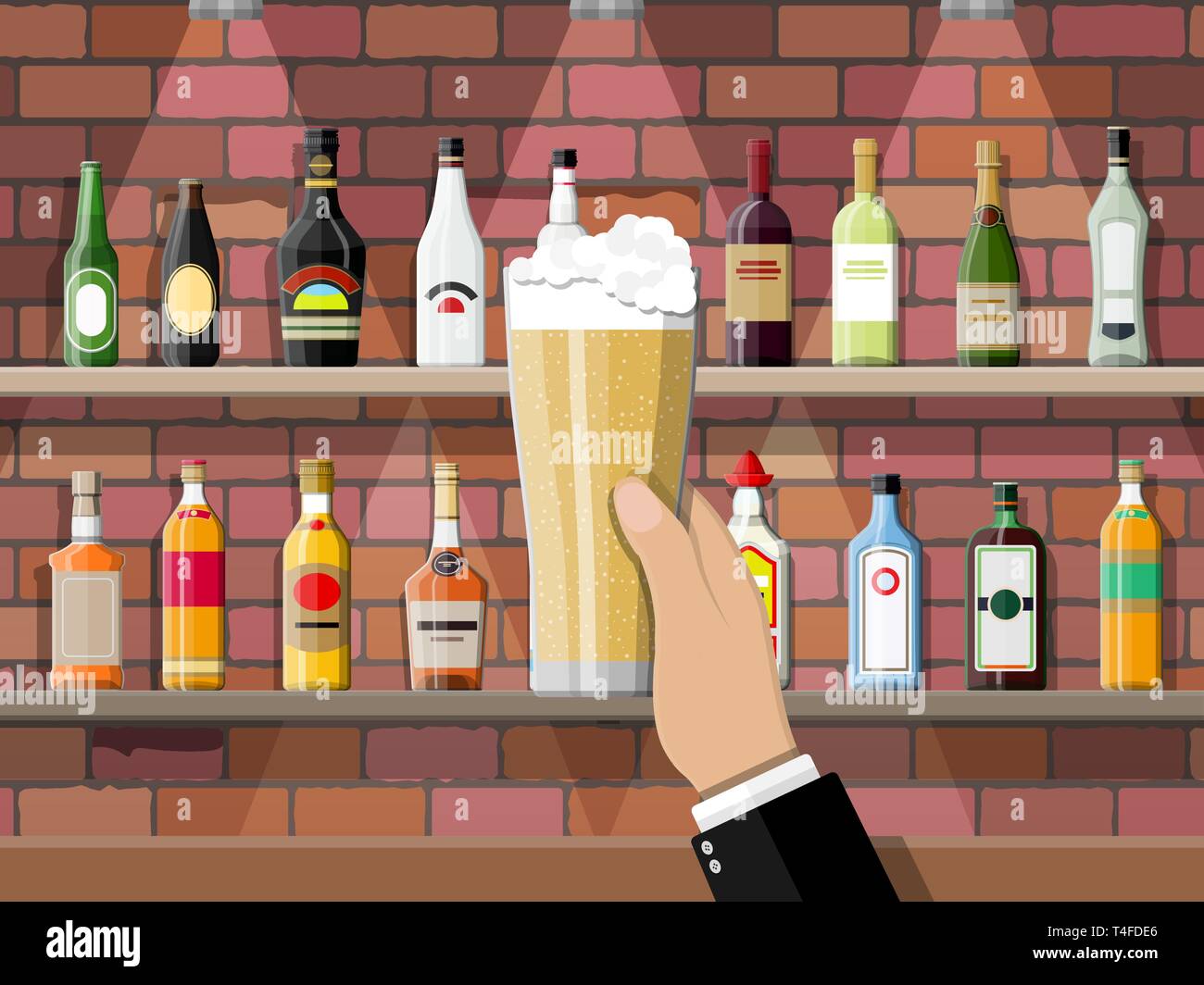 Drinking establishment. Hand with glass of beer. Interior of pub, cafe ...