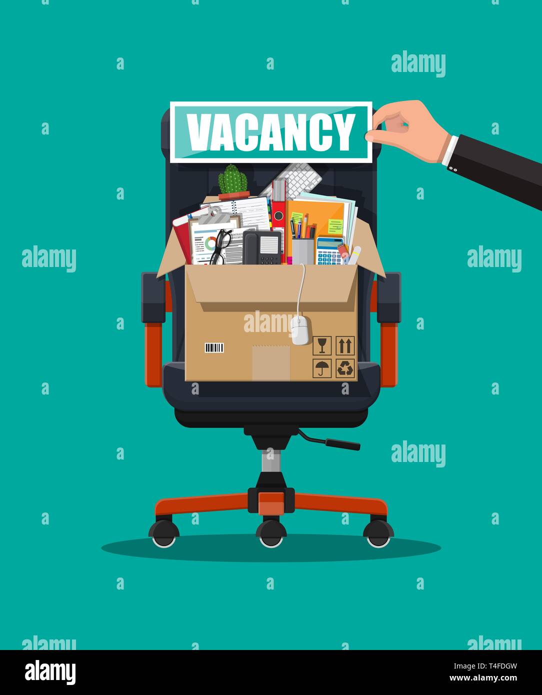 Office chair, sign vacancy. Box with office goods. Hiring and ...