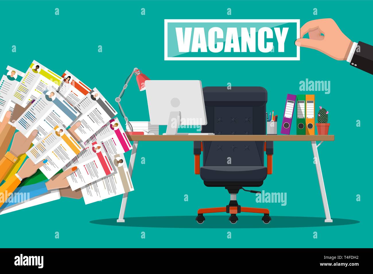 Office chair, sign vacancy. Table with office items. Hiring and ...
