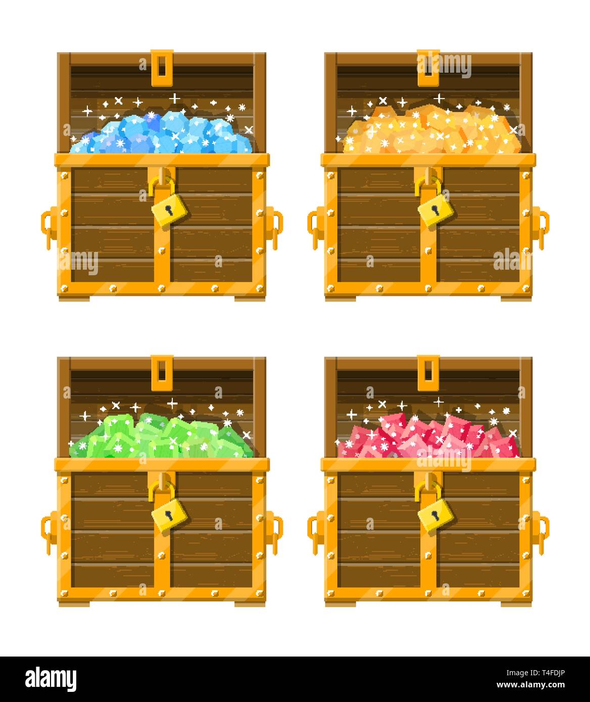 Treasure chest full of various diamonds. Wooden box with gems Game ...