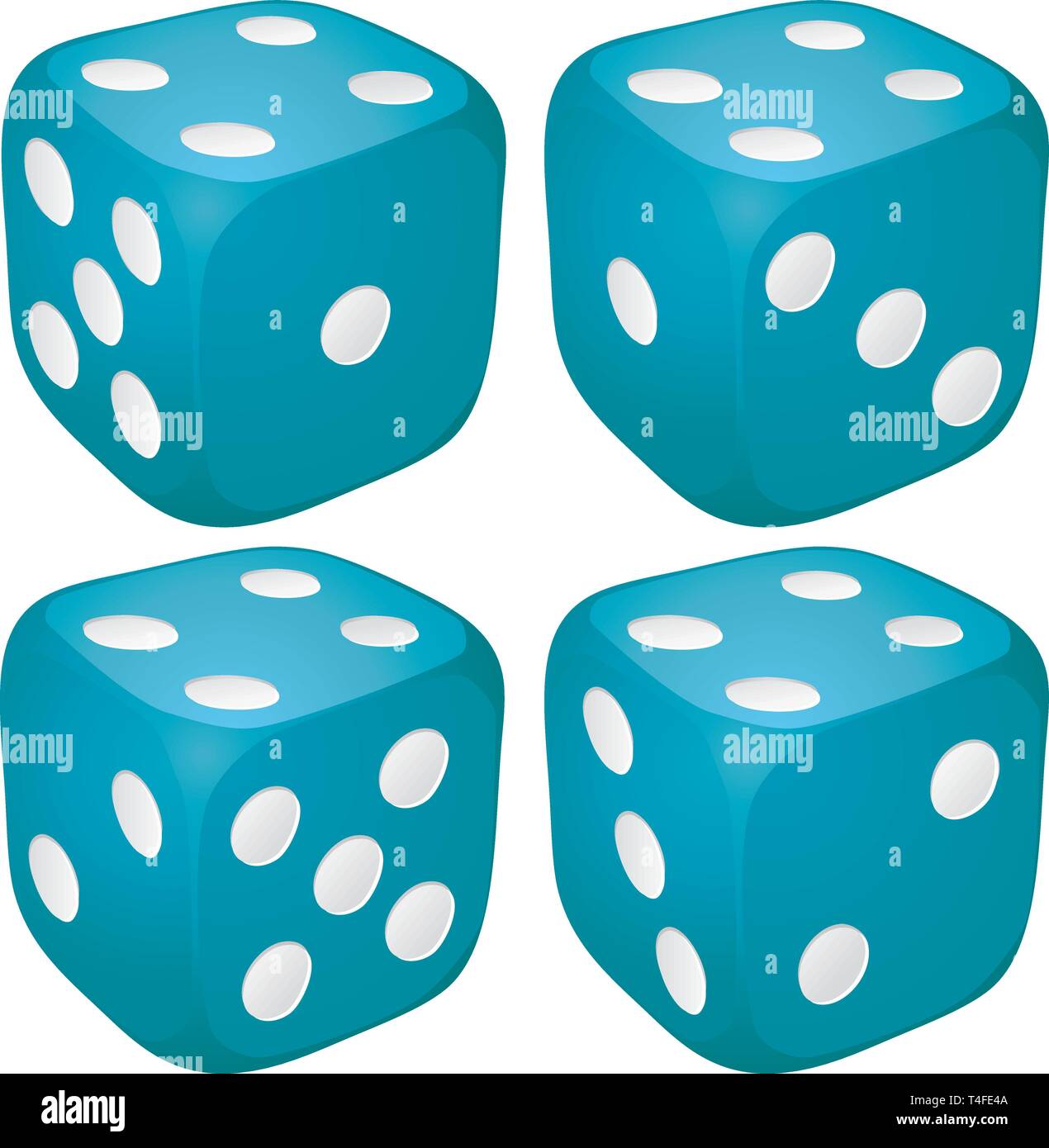 Set of blue casino craps, dices with four points, dots number on top ...