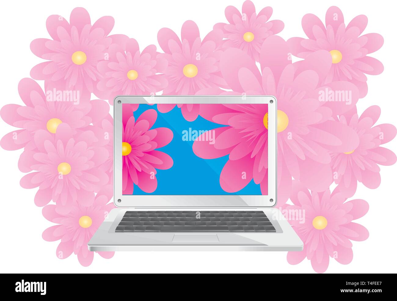 Simple silver laptop with contrast flowers, vector illustration Stock ...