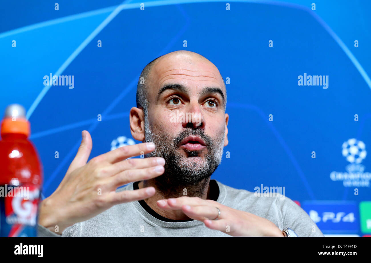 Manchester City manager Pep Guardiola during the press conference at ...