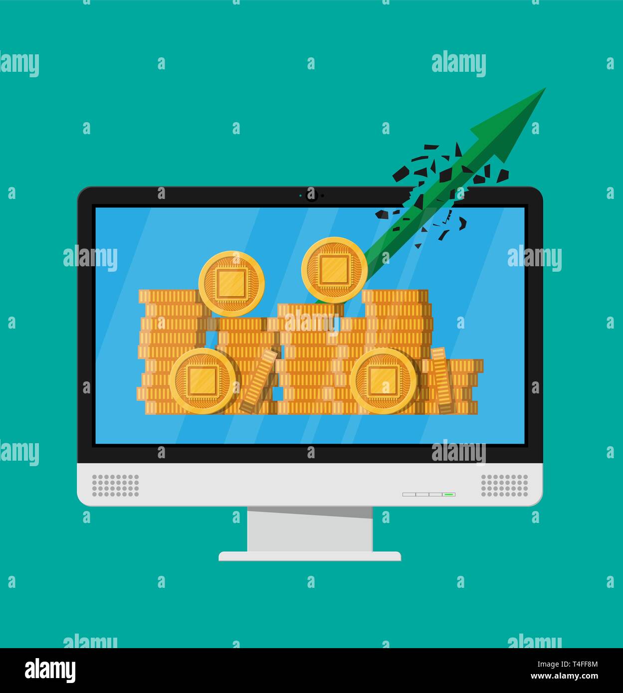 Stack of golden coin with computer chip. Computer monitor. Money and ...