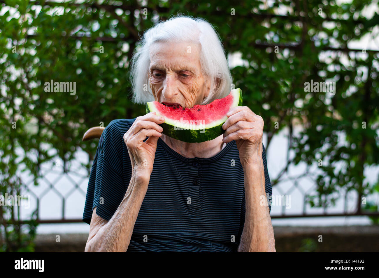 Cheerful grandma eating watermelon in the backyard Stock Photo - Alamy