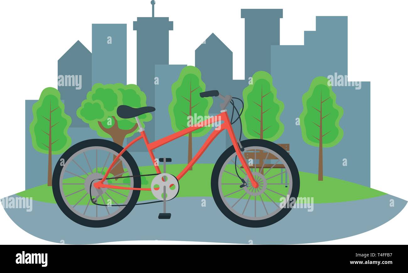 transportation concept mountain bike in front city landscape cartoon ...