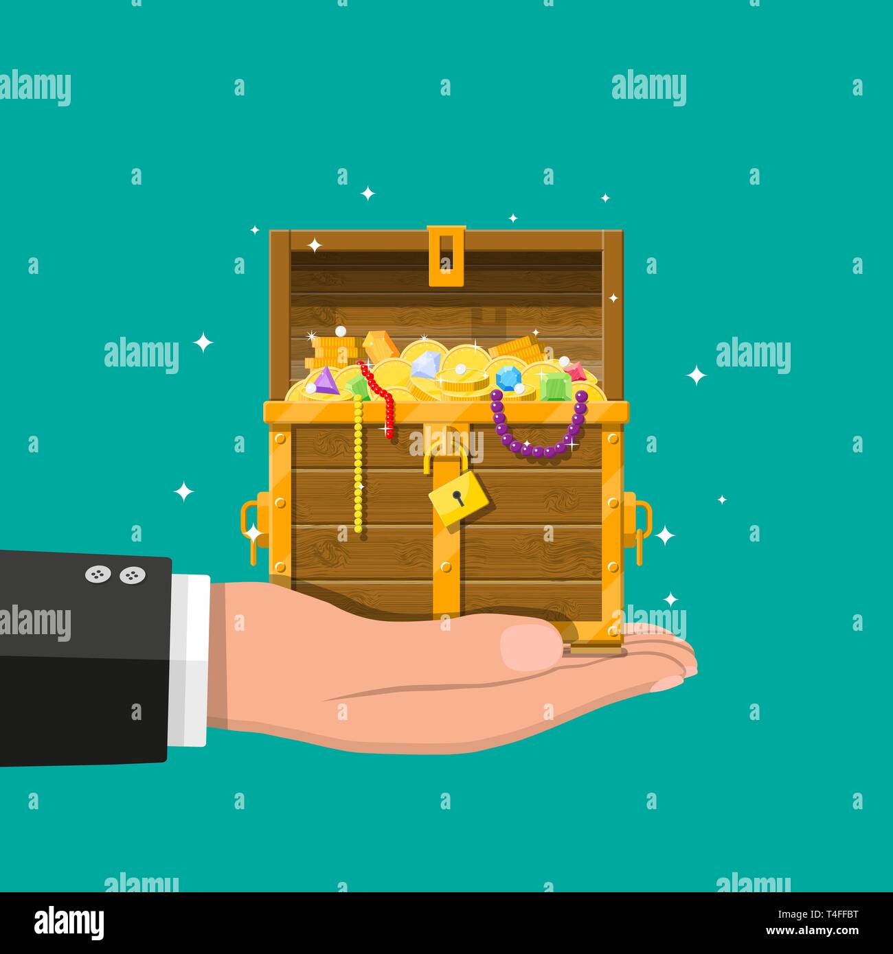 Opened chest with padlock in hand. Chest full of gold coins, jewelry ...