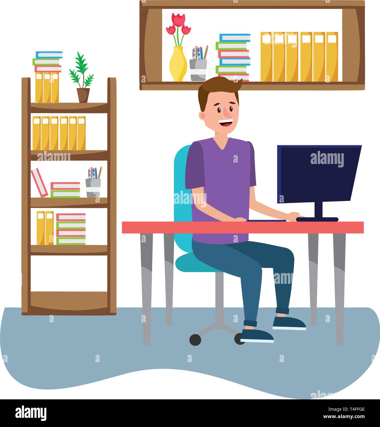 online education man with desk computer cartoon vector illustration ...