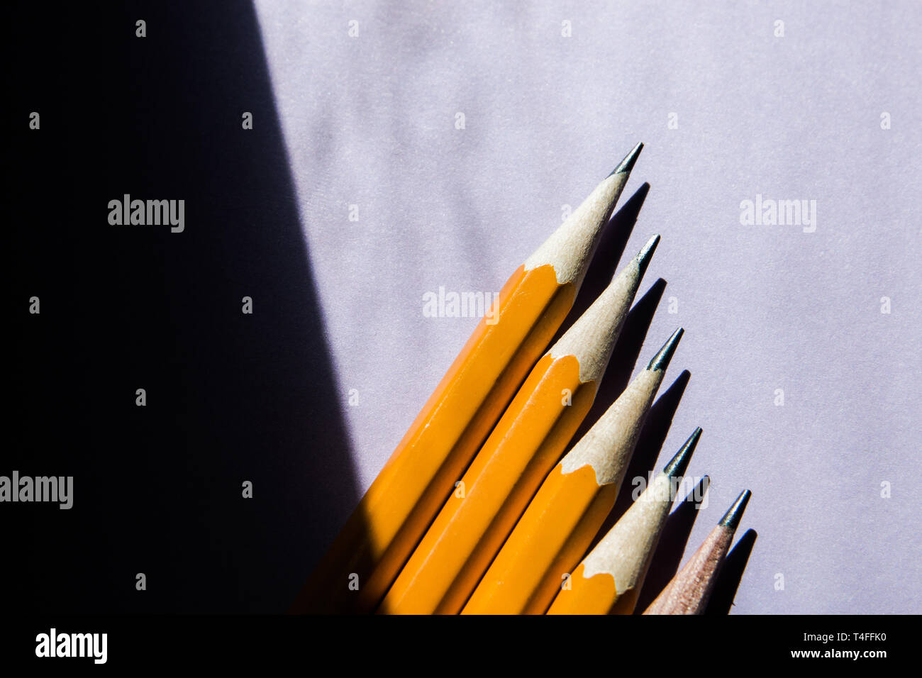 five simple pencils on a solid purple background in hard sunlight ...