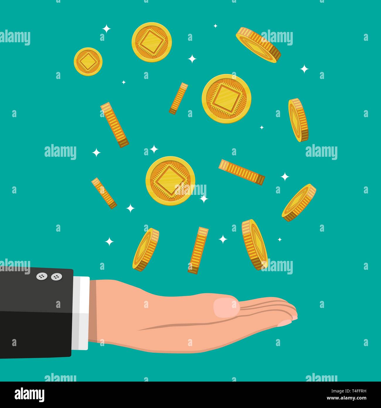 Rain of golden coin with computer chip and hand. Money and finance ...