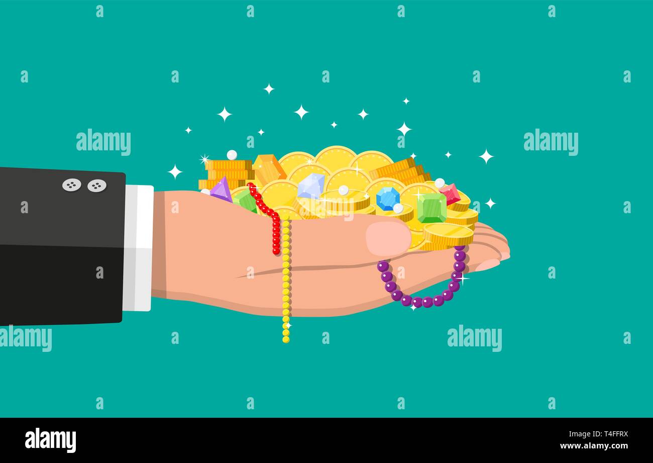Treasures in hand. Gold coins, jewelry, gems. Symbol of wealth. Vector ...