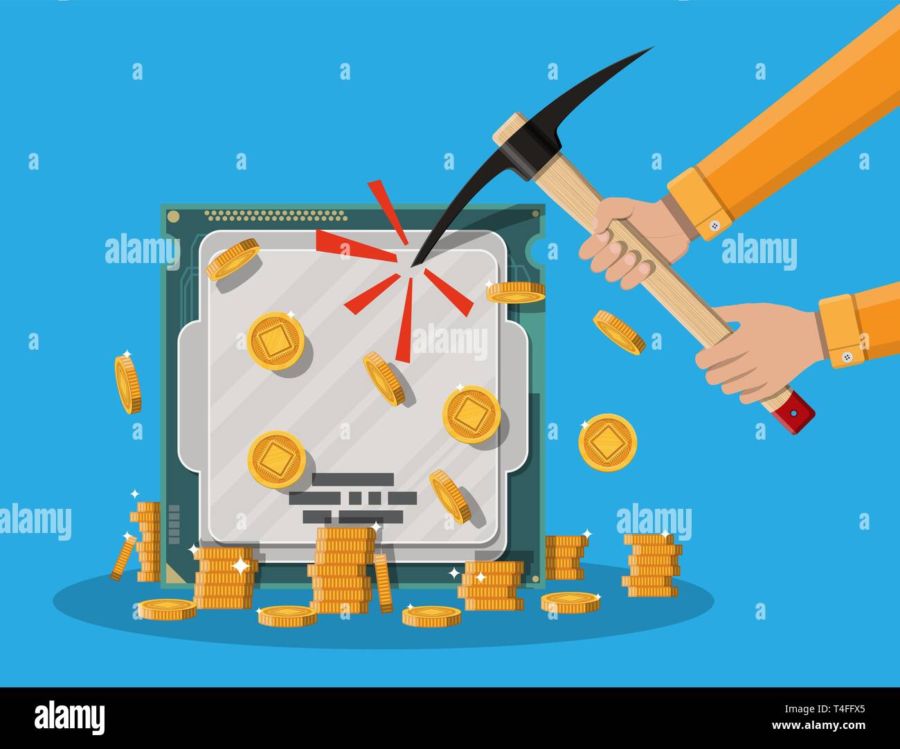 Golden coin with computer chip and pickaxe in hand. Mining symbol ...