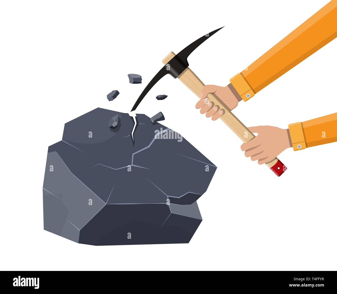 Wooden pickaxe with iron tip and rock. Miners hand tool for extracting ...