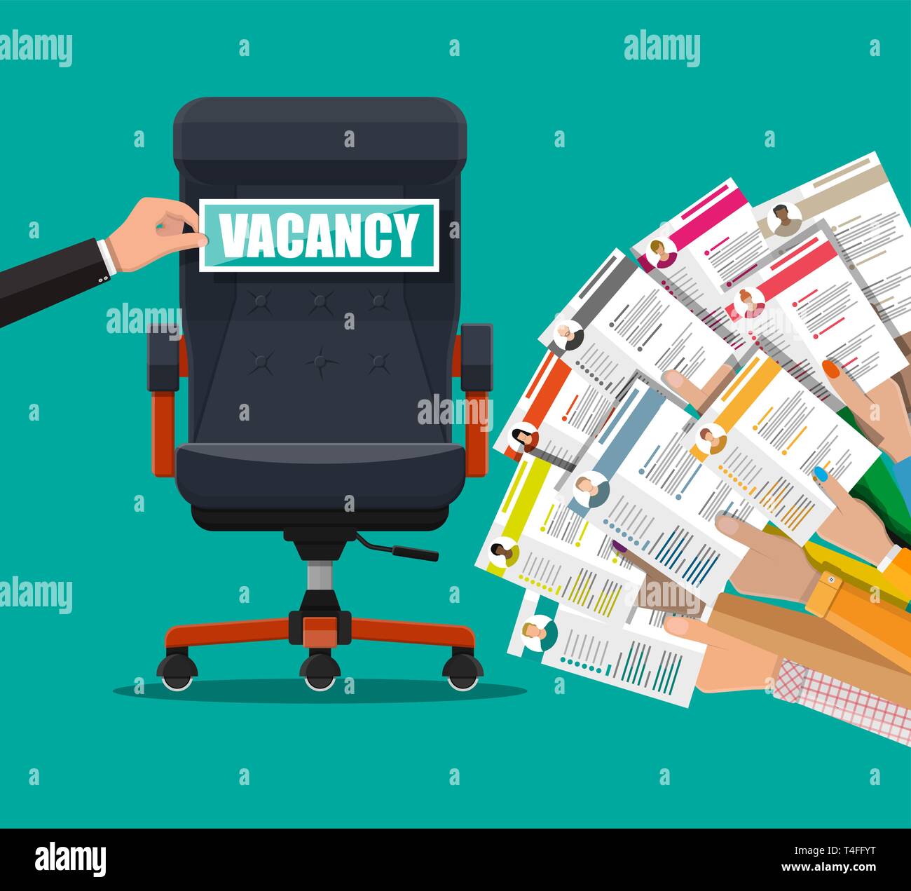 Office chair and sign vacancy in hand of boss. Hiring and recruiting ...