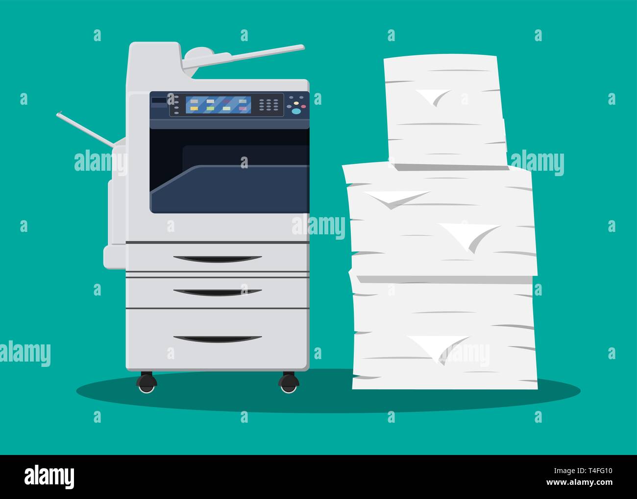 Office multifunction machine. Pile of paper documents. Bureaucracy ...