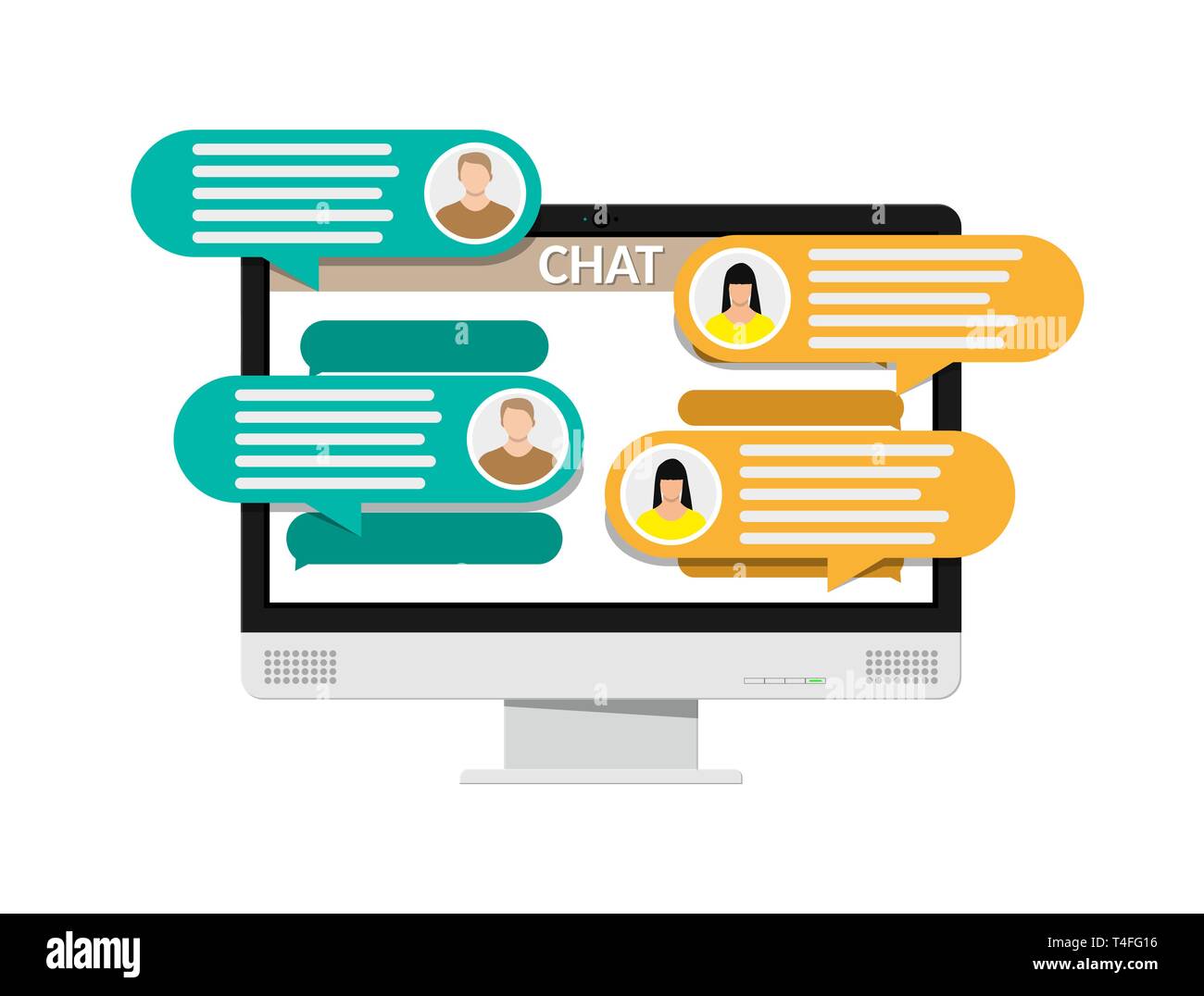 Desktop pc with messaging sms app. Chat bubbles on monitor. Chat ...