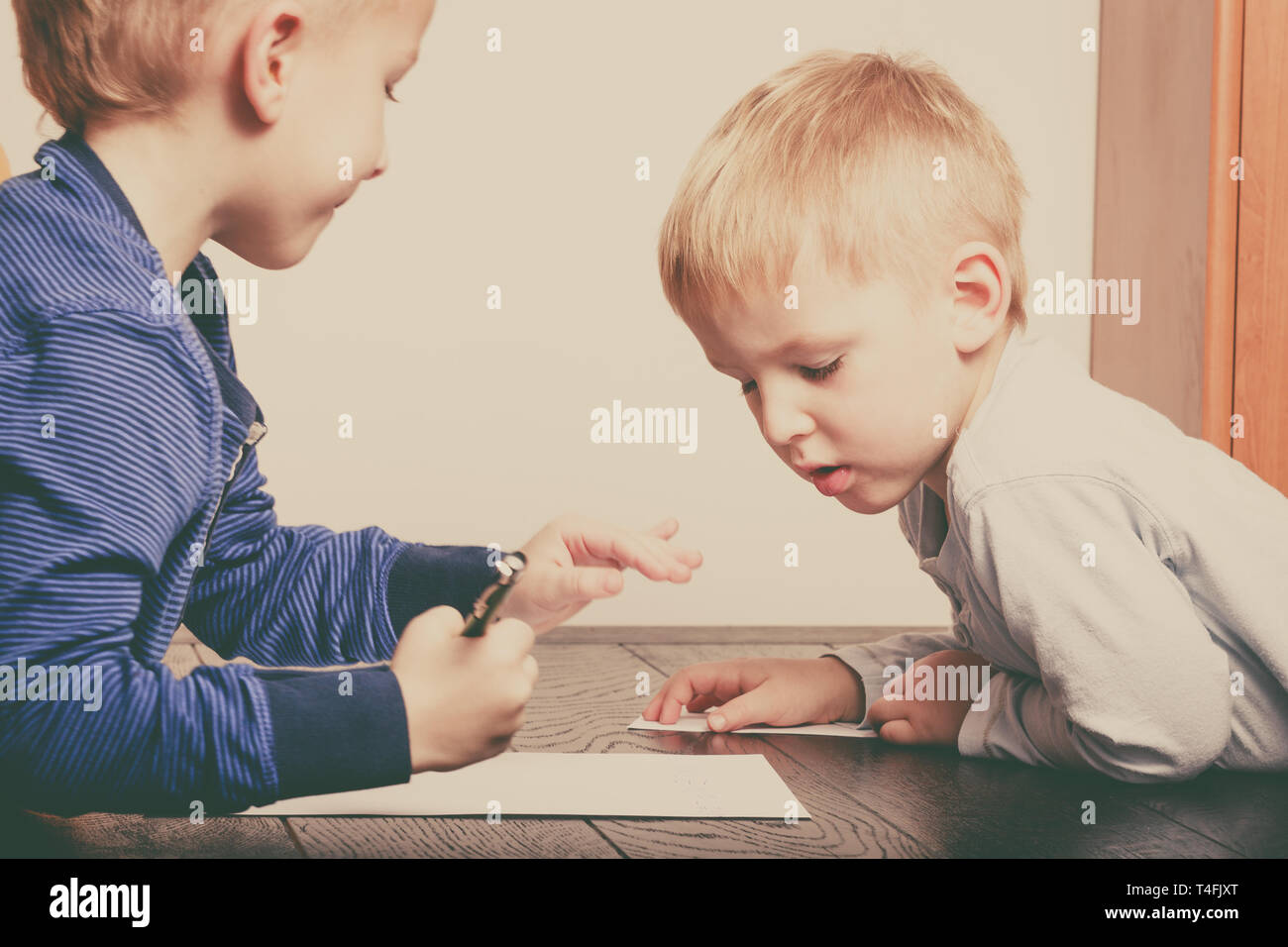 Creative hobby, kids passion concept. Two boys playing together ...
