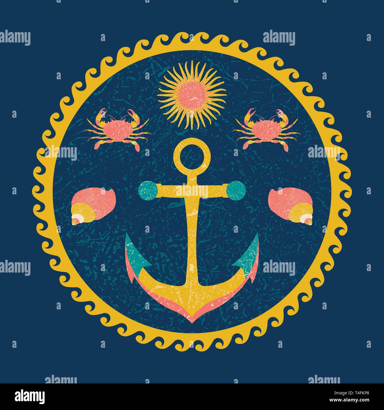 Nautical circle poster. Cartoon style with grunge effects. Anchor, sun ...