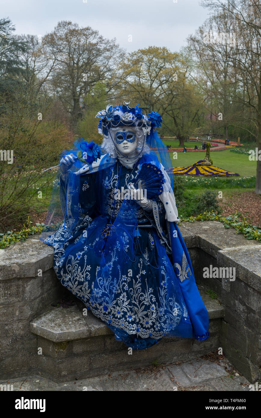 Masked female model during Venetian parade at the Floralia 2019 event ...