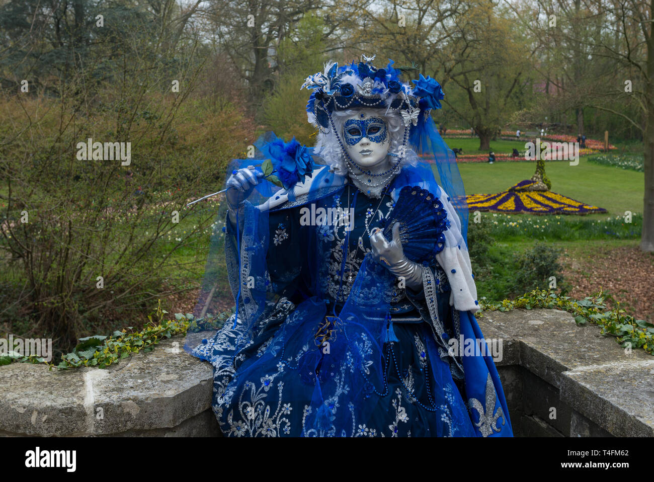 Masked female model during Venetian parade at the Floralia 2019 event ...