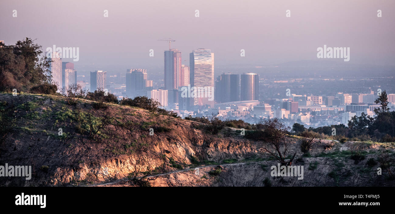 Aerial view over Los Angeles Downtown from Hollywood Hills Stock Photo ...