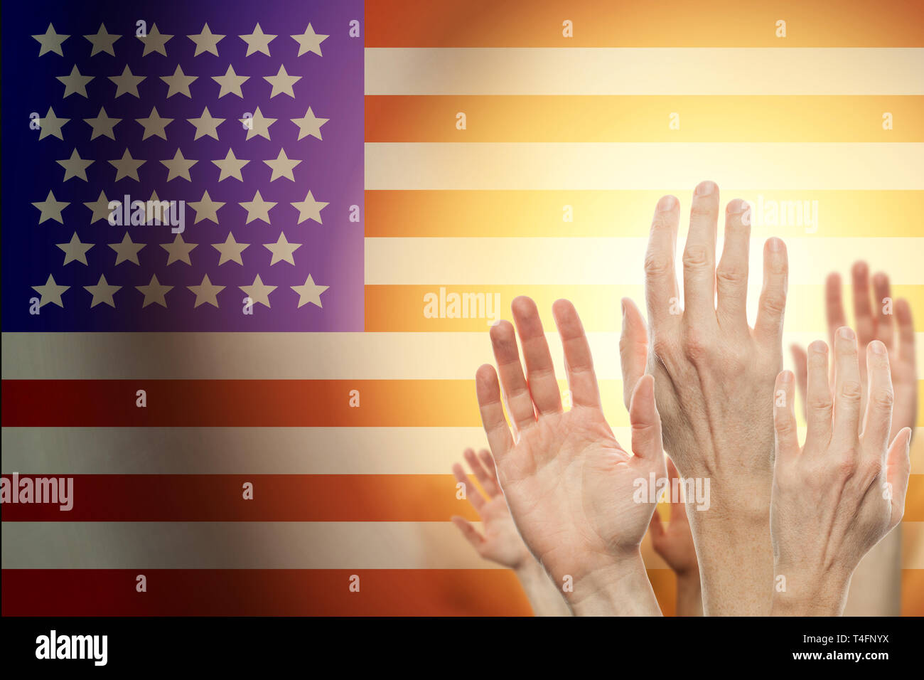 People raising hands and American flag on background. Patriotic concept ...