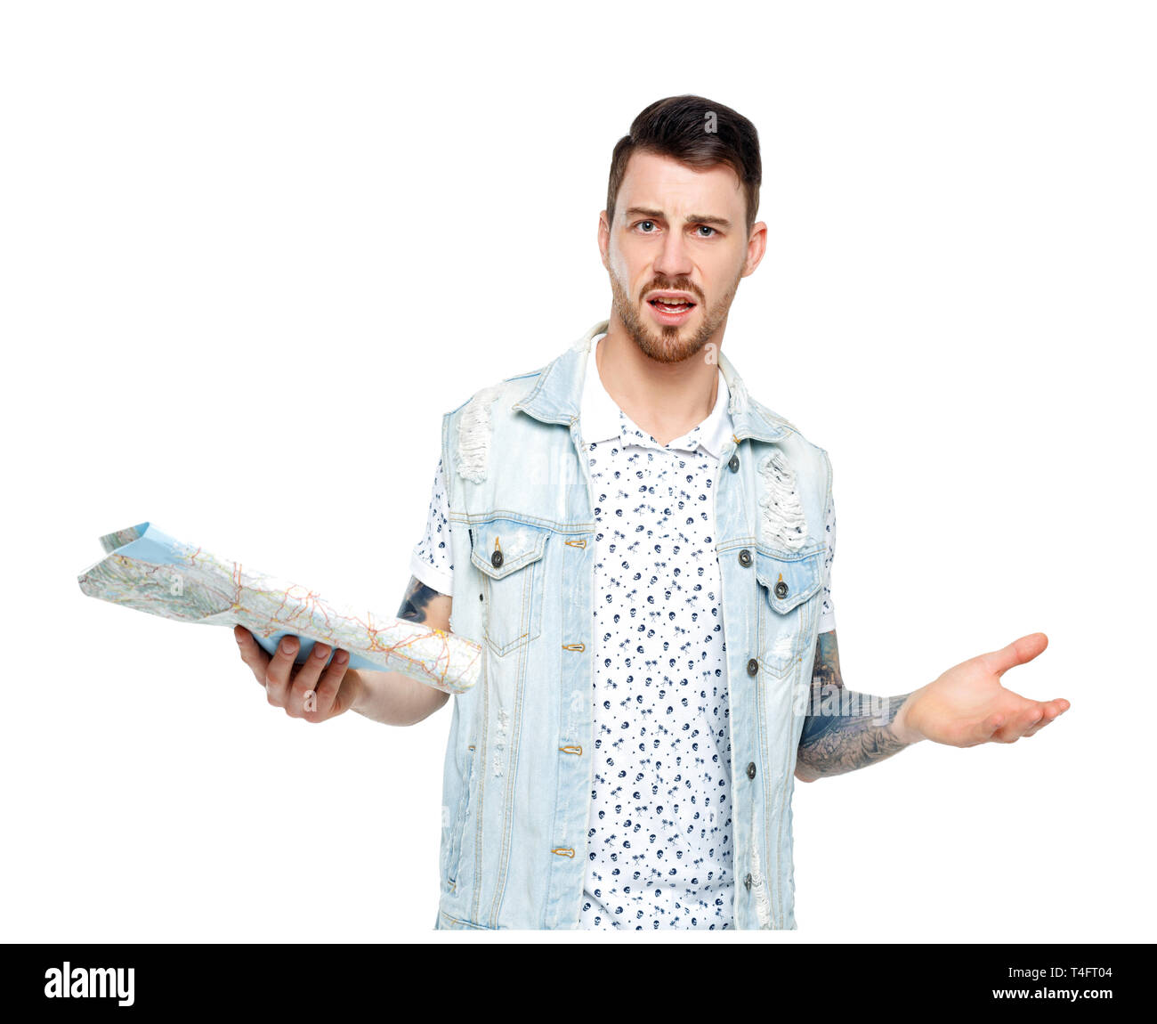 man with a map. Front view. Isolated on white background Stock Photo ...