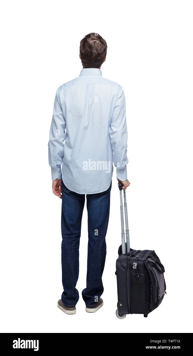 Back view of business man with suitcase Standing young guy. Rear view ...