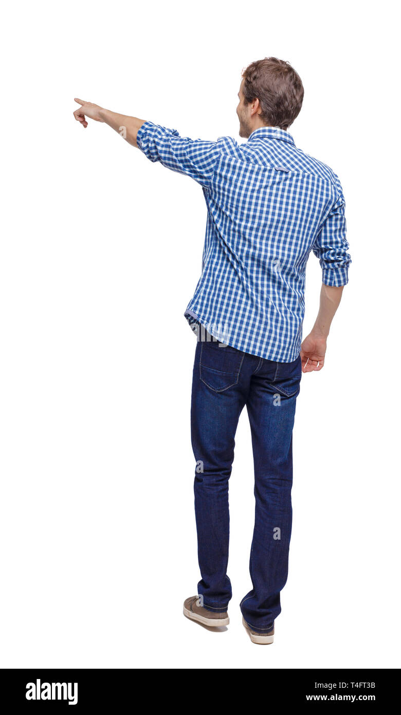 Back view of a man walking with a pointing hand. going guy showing ...