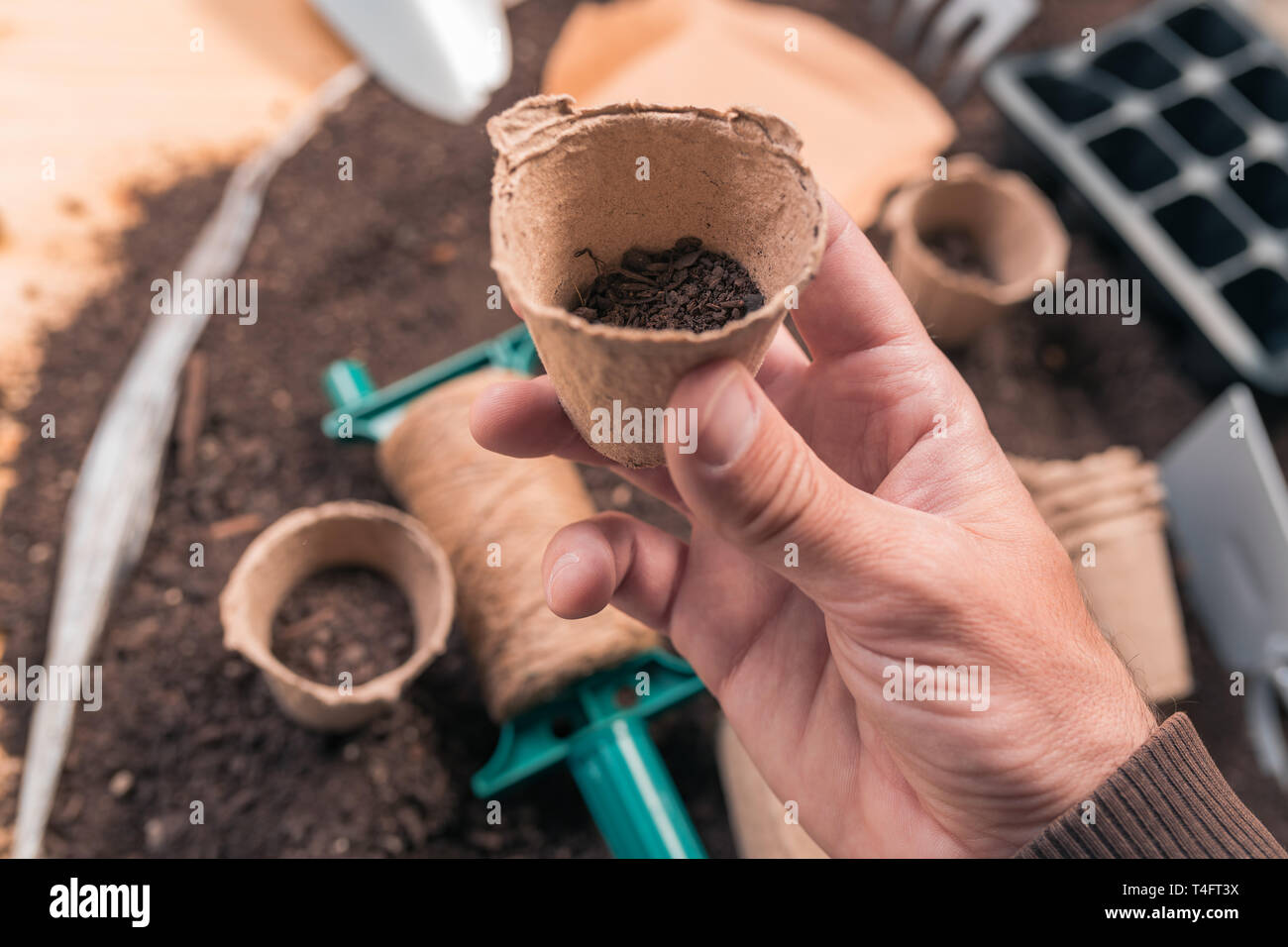 Biodegradable cardboard planting pot in hand of male gardener, close up ...