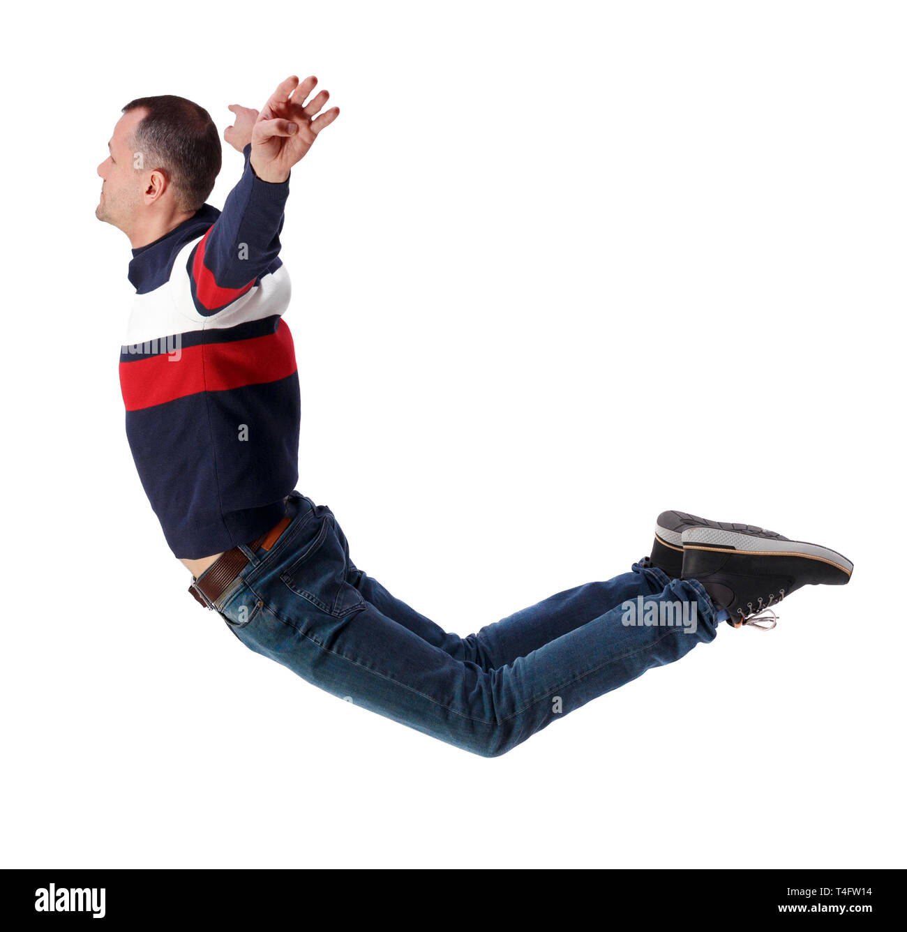 Side view of man in zero gravity or a fall. guy is flying, falling or ...