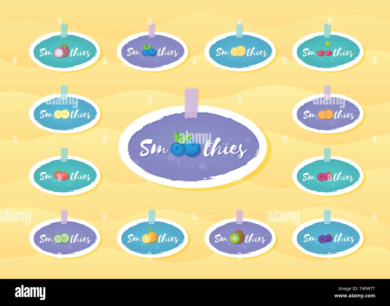 Fruit and berry smoothie shake sticker set vector illustration. Hand ...