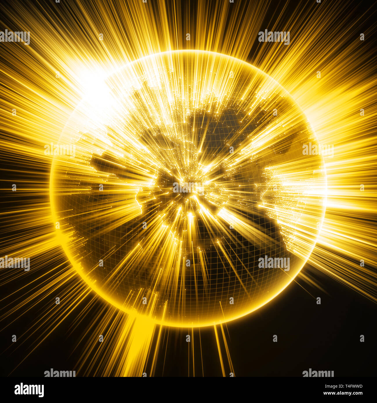 dark earth globe with glowing details and light rays. 3d illustration ...