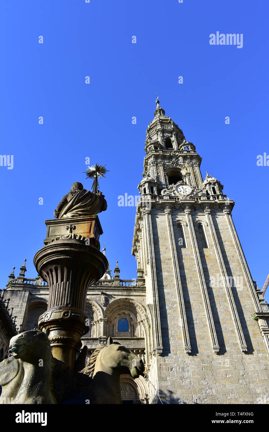 Cathedral, romanesque Platerias facade and baroque clock tower with ...
