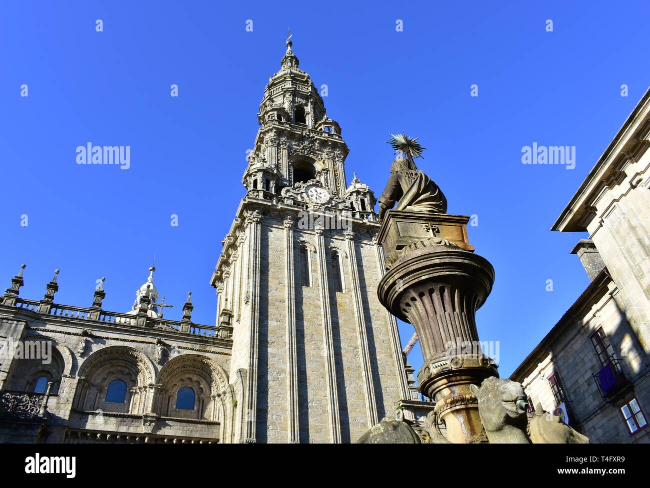 Cathedral, romanesque Platerias facade and baroque clock tower with ...