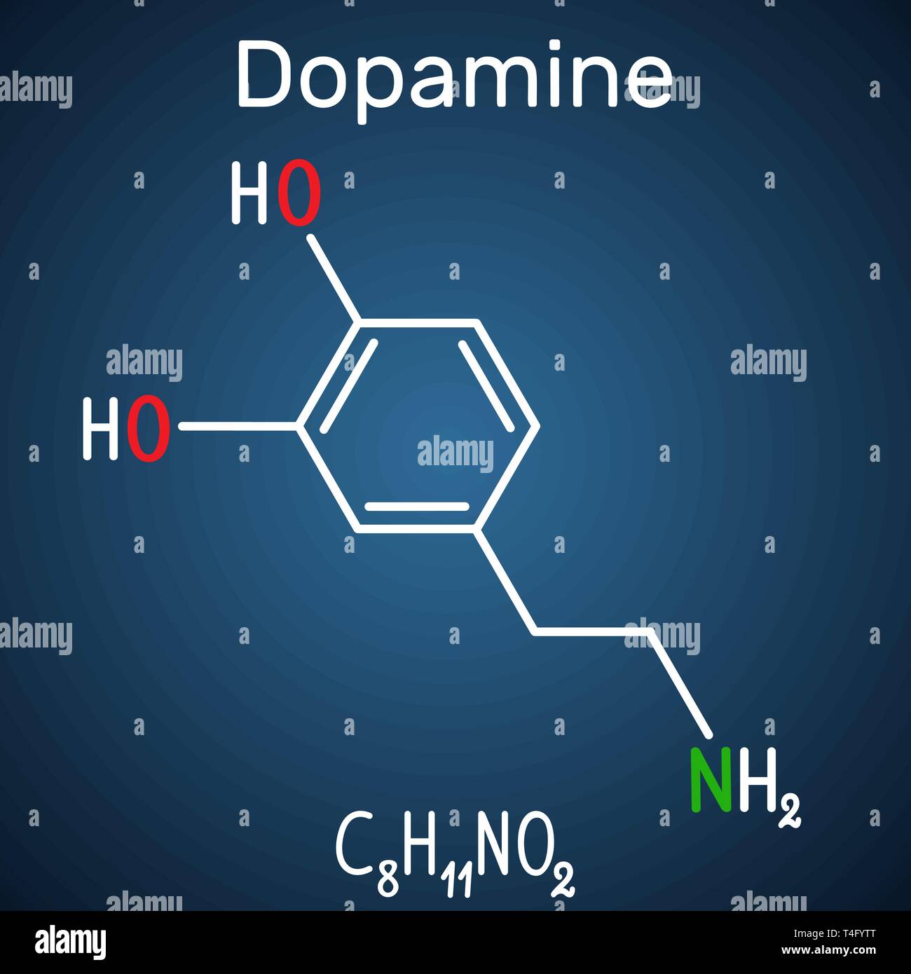 Dopamine ( DA) molecule. Structural chemical formula and molecule model ...