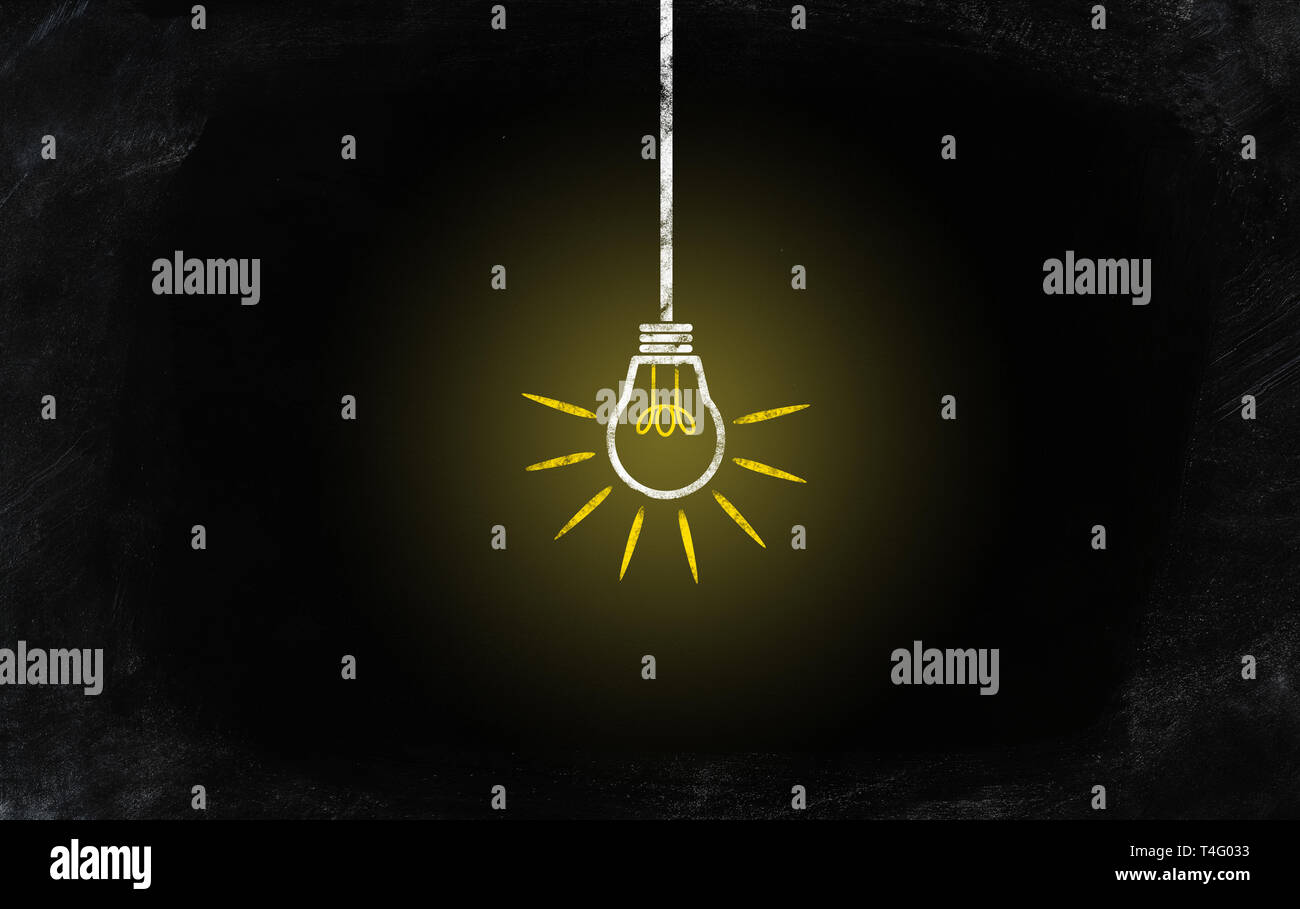chalk drawing of brightly glowing light bulb in darkness on chalkboard ...