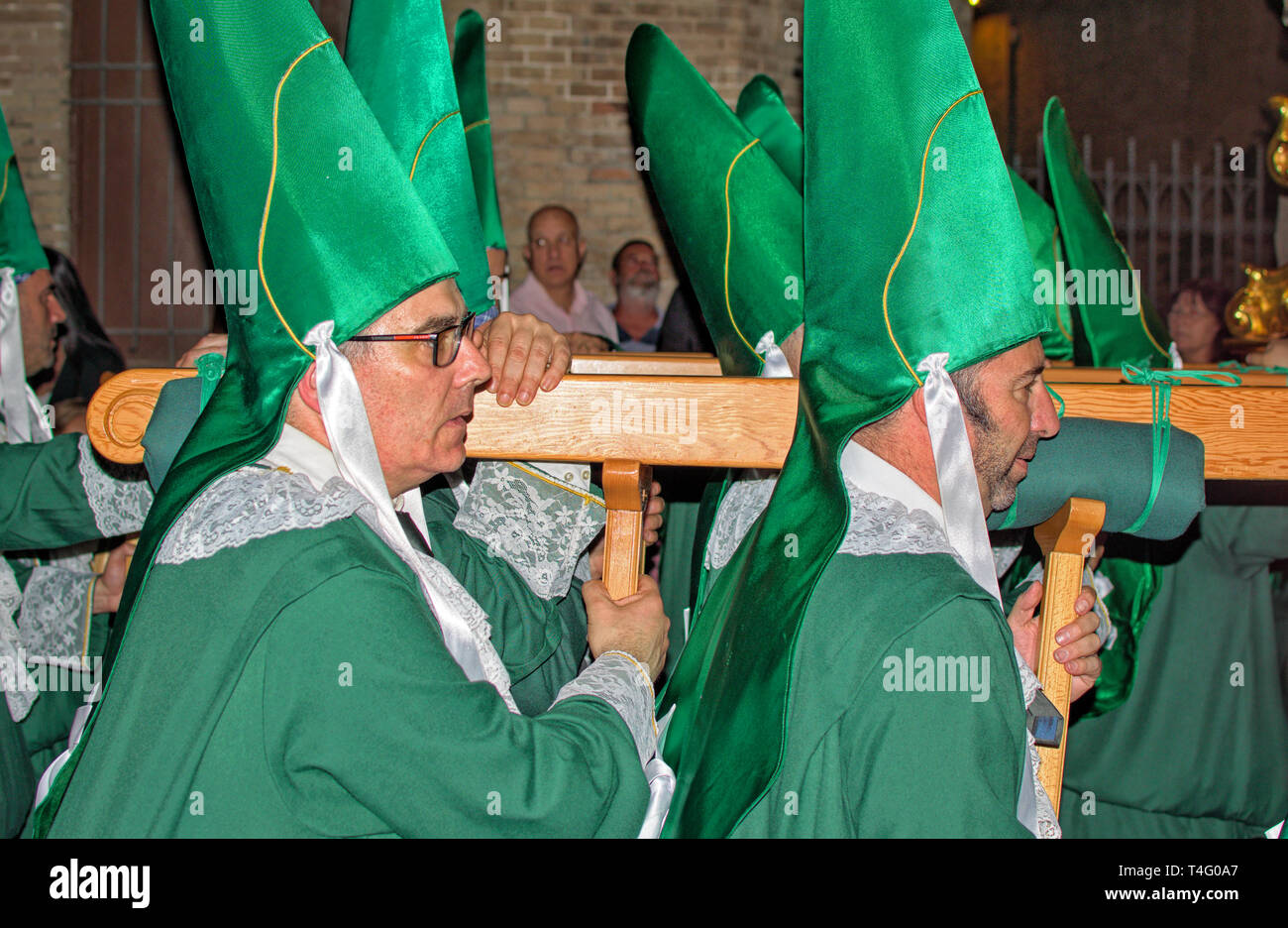 Murcia, Spain, April 14, 2019: Nazarenes do a parade in the Palm Sunday ...