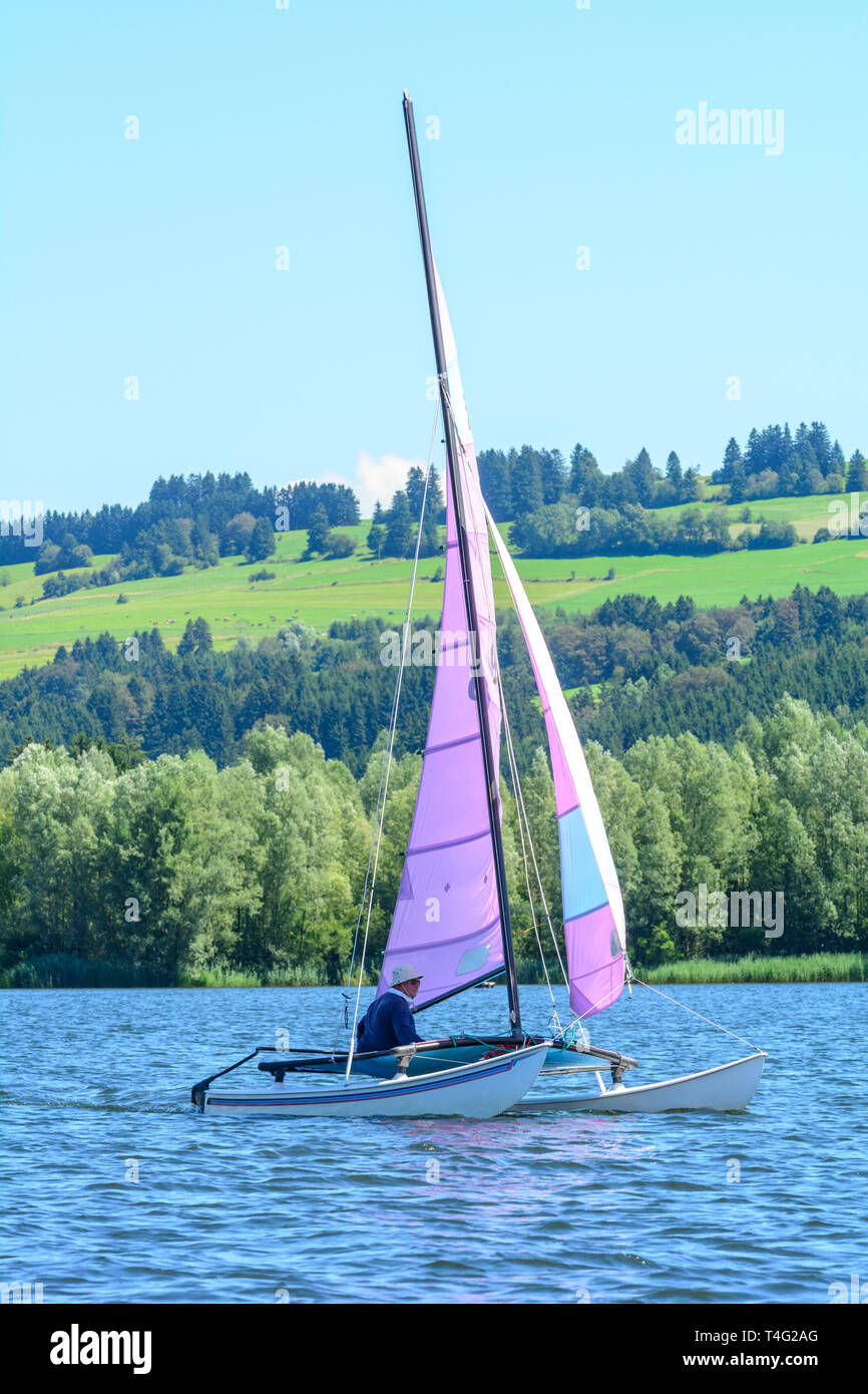 Catamaran sailing on inland lake in summertime Stock Photo - Alamy