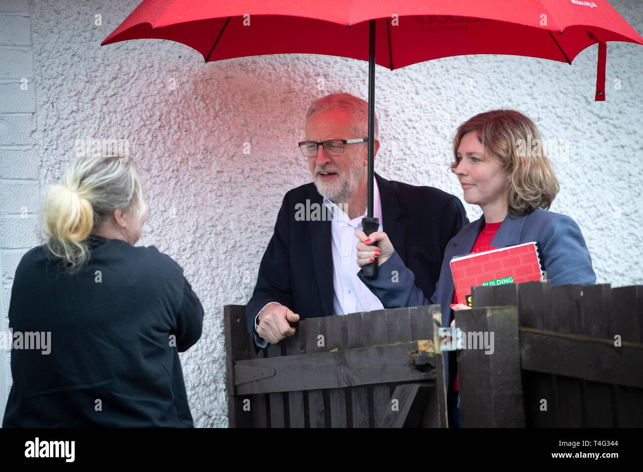 Labour leader Jeremy Corbyn with Labour candidate Mandy Clare meeting locals during canvassing ...