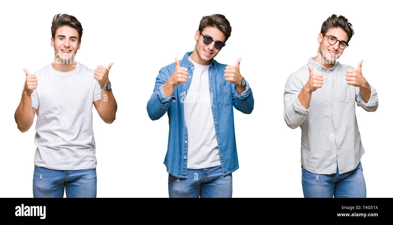Collage of young handsome man over isolated background success sign ...