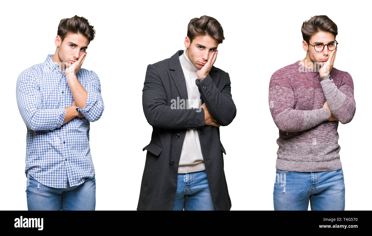 Collage of young handsome business man over isolated background ...