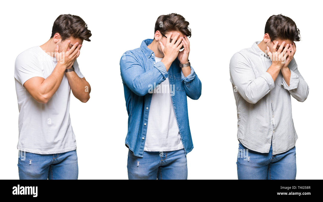 Collage of young handsome man over isolated background with sad ...